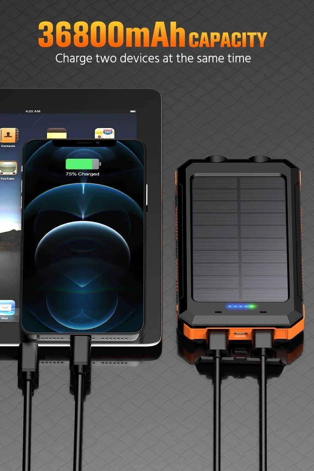Power Bank Portable Charger Solar - 36800mAh Waterproof External Backup ...